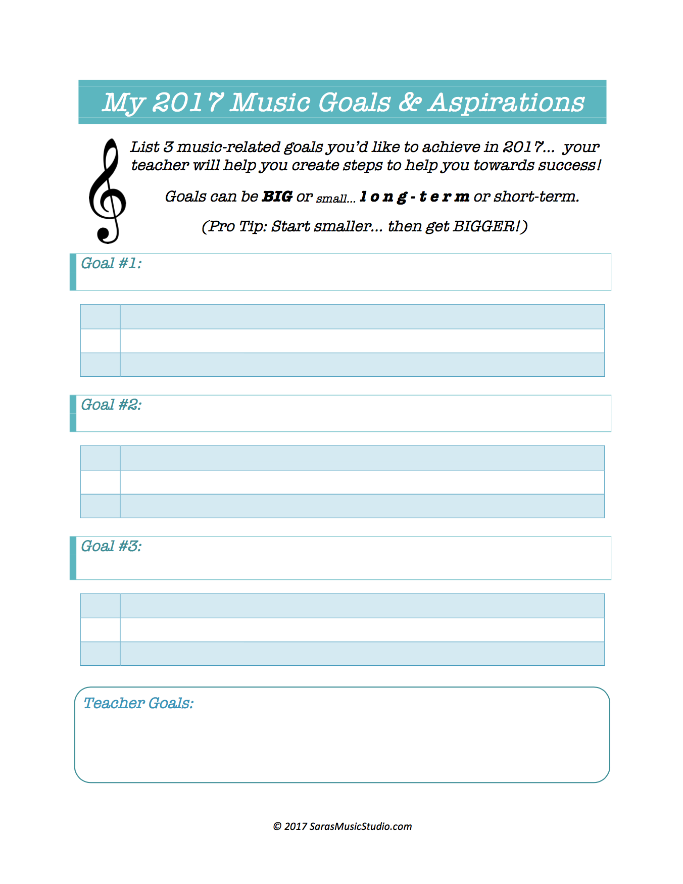 FREE 2017 Goal Sheets for Music Students – Sara's Music Studio